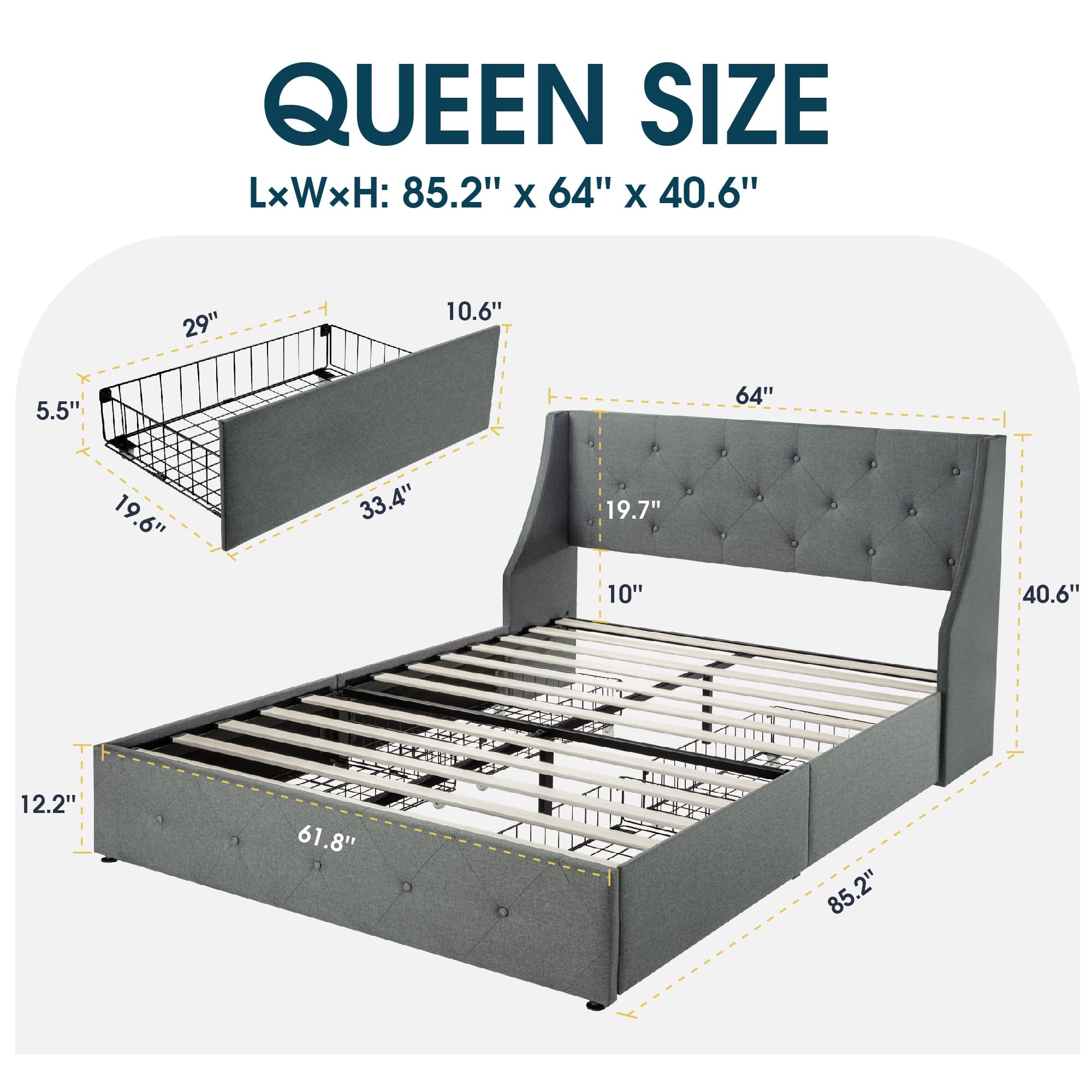 WEEWAY Upholstered Queen Size Bed Frame with 4 Storage Drawers and Wingback Headboard, Button Tufted Design, No Box Spring Needed, Easy Assembly, Light Grey