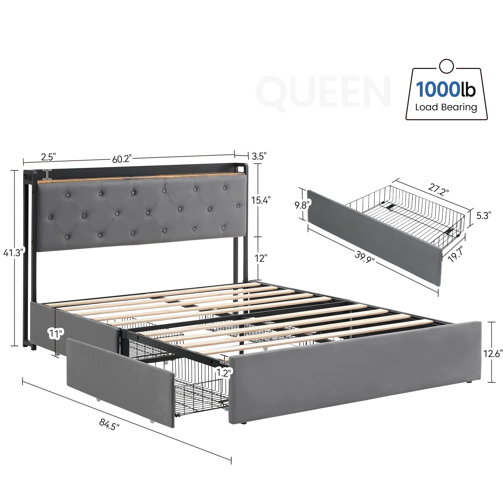 Amyove Queen Bed Frame with 4 Storage Drawers and Charging Station,Grey Queen Upholstered Bed Frame with Storage Headboard No Box Spring Needed Noise-Free (Queen)