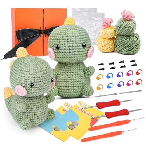 ZXIIXZ Crochet Kit for Beginners, Complete Crochet Kit with Dinosauria Yarn, Hooks, Storage Box, DIY Crafts