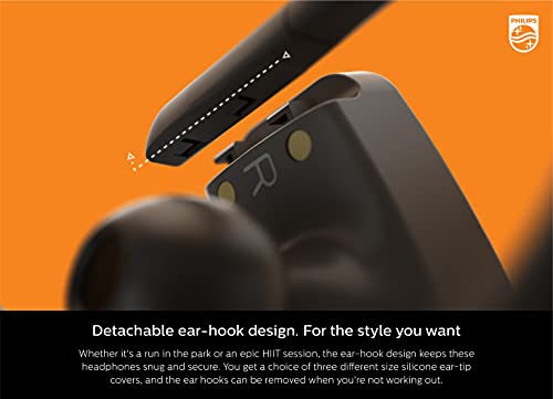 Philips A5205 Wireless Sports Earbuds, IPX7 Waterproof, in-Ear True Wireless Bluetooth 5.1 Headphones, USB-C Charging, Detachable earhooks, Up to 20 Hours of Playtime, TAA5205BK