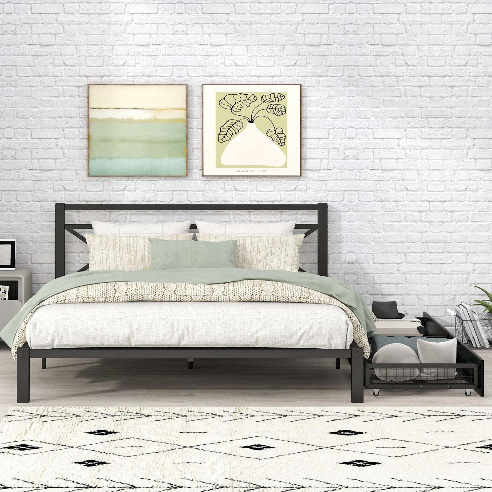 OTRIEK Queen Bed Frame with 2 Storage Drawers, Metal Platform Bed Frame with Headboard, No Box Spring Needed for Teens Adults Bedroom, Noise Free/Easy to Install (Queen)