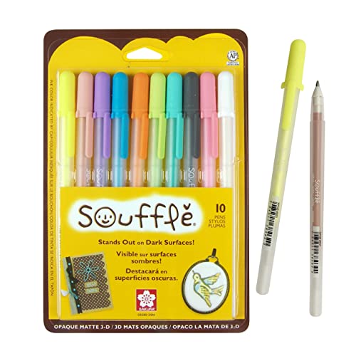 SAKURA 3D Soufflé Pen - 3-D Pen for Lettering, Drawing, Line Borders, Ornaments, & More - Opaque White and Pastel Ink Colors - 10 Pack