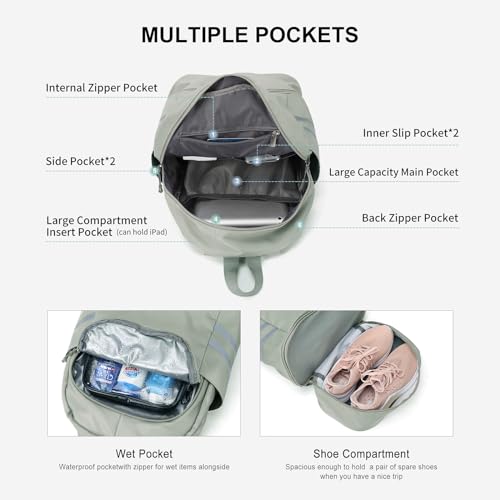 Gym Backpack for Women with Shoes Compartment & Wet Pocket, Large Travel Backpack Waterproof, Sports Backpack Gym Bag,Green