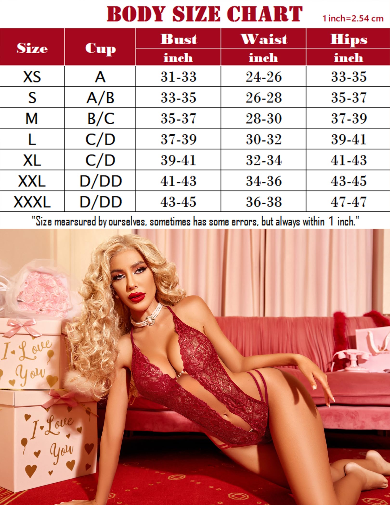 Avidlove Lingerie for Women Deep V Halter Lace Bodysuit Mini Babydoll Sleepwear Wine Red Medium