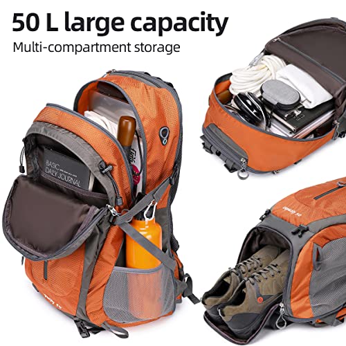 FENGDONG 50L Waterproof Lightweight Expandable Hiking,Camping,Travel Backpack with Shoes Compartment for Men Women Orange