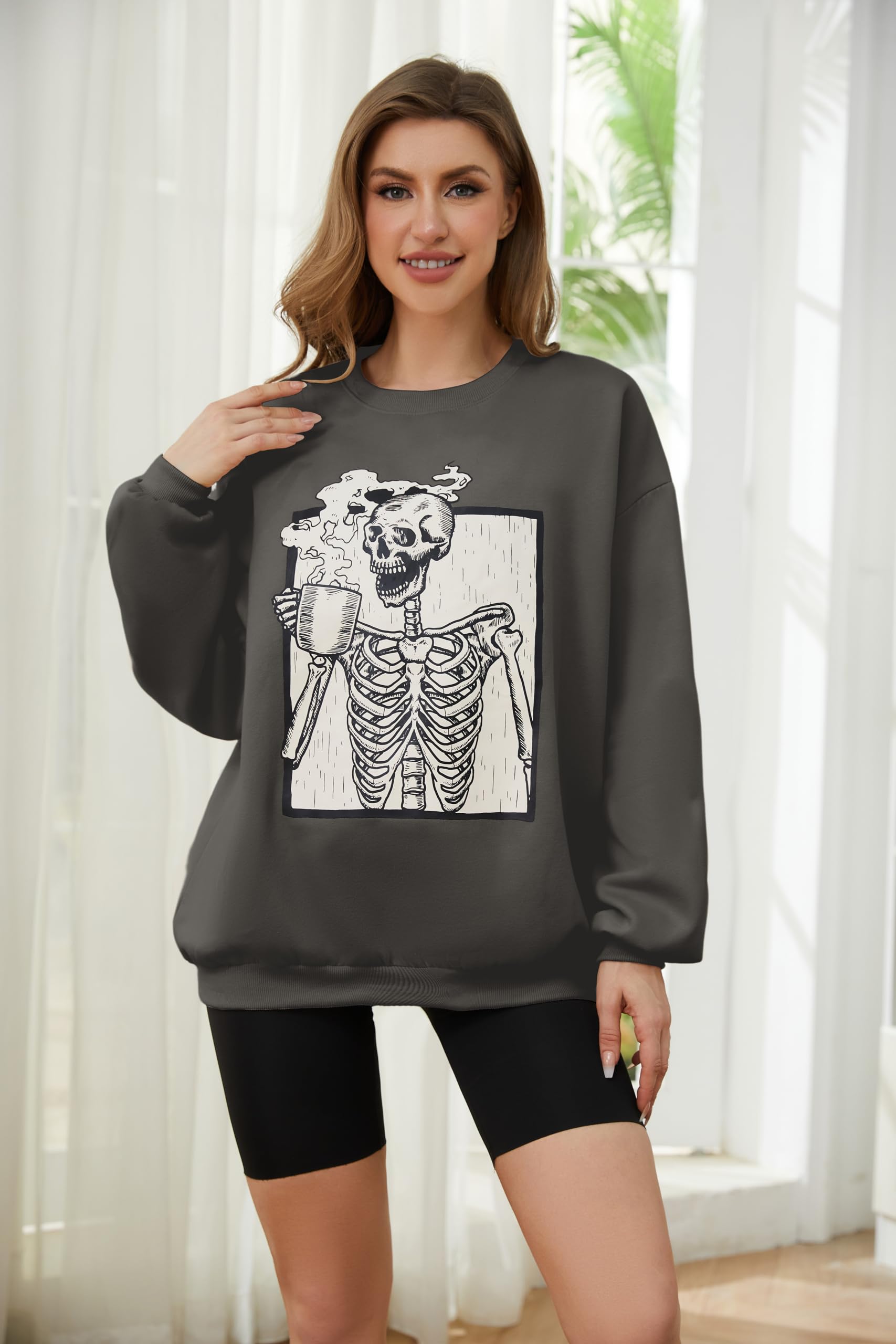 Meladyan womens Halloween Skull Graphic Print Fleece Oversized Sweatshirt Crewneck Long Sleeve Drop Shoulder Pullover, Dark Grey, Medium