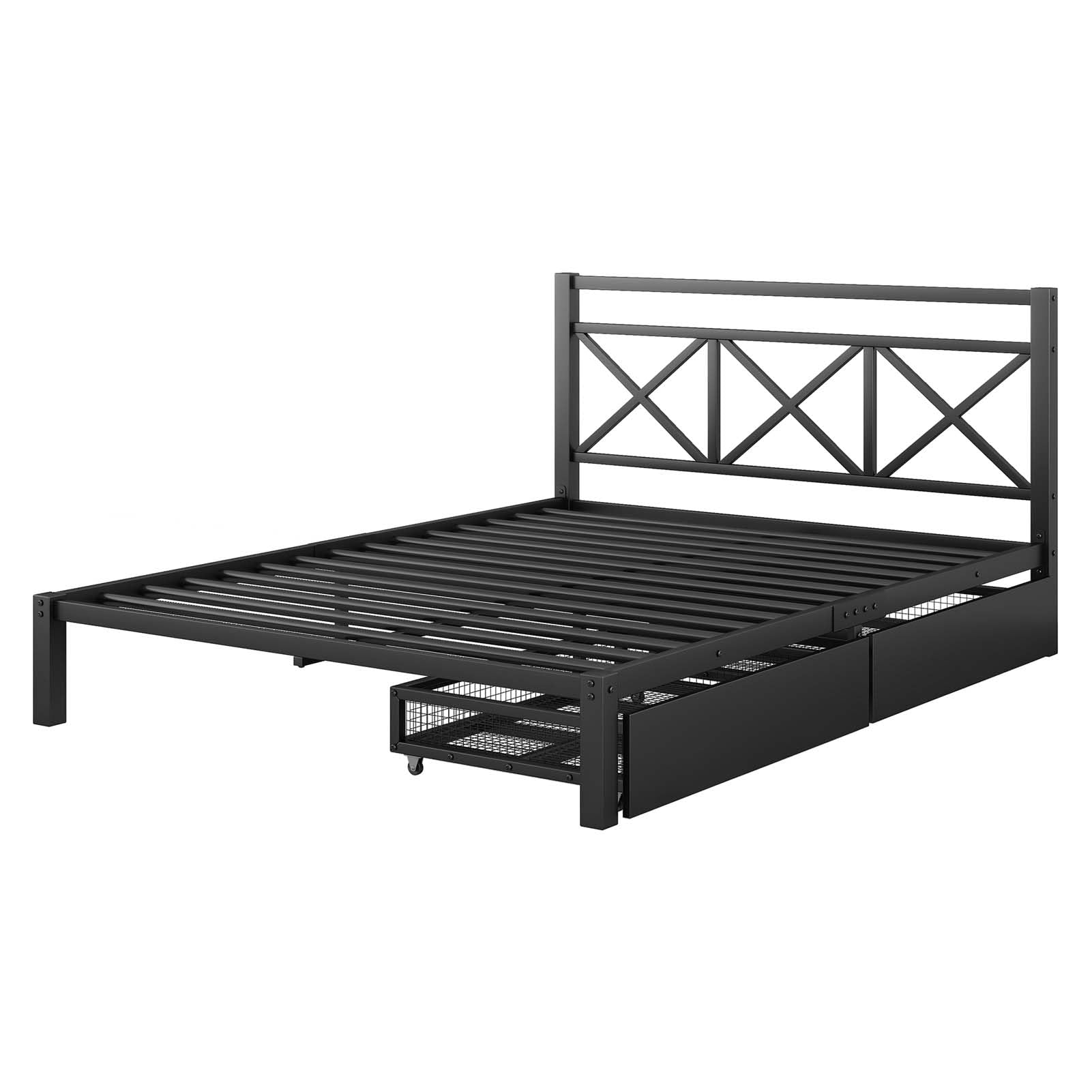 OTRIEK Queen Bed Frame with 2 Storage Drawers, Metal Platform Bed Frame with Headboard, No Box Spring Needed for Teens Adults Bedroom, Noise Free/Easy to Install (Queen)