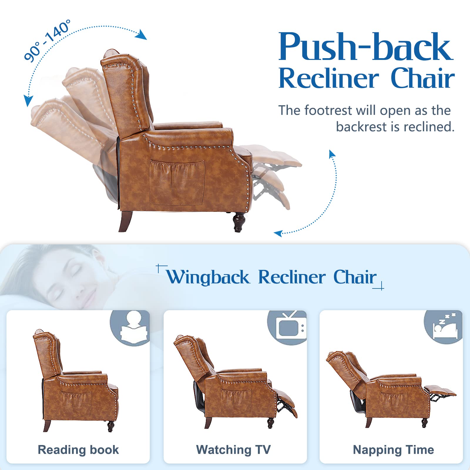 Consofa Wingback Recliner Chair with Heat and Massage, PU Leather Push Back Recliner Chair for Living Room, Vintage Wingback Recliner with Remote Control,Padded Cushion,Backrest,Wooden Legs