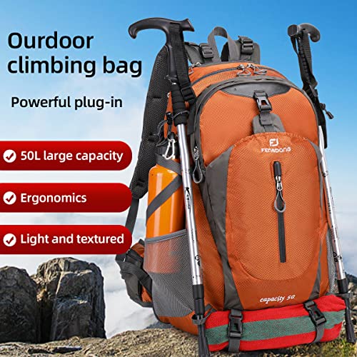 FENGDONG 50L Waterproof Lightweight Expandable Hiking,Camping,Travel Backpack with Shoes Compartment for Men Women Orange