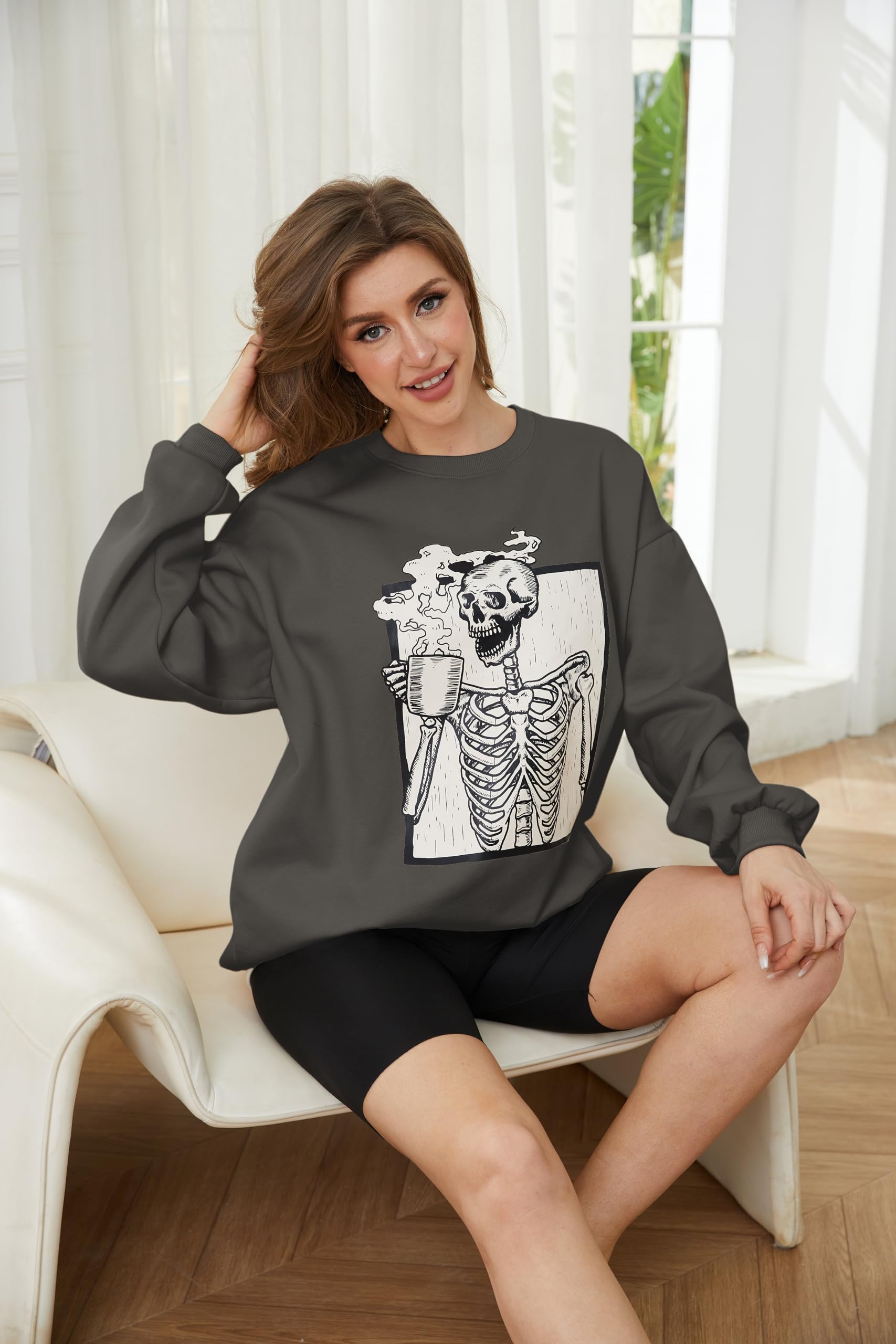 Meladyan womens Halloween Skull Graphic Print Fleece Oversized Sweatshirt Crewneck Long Sleeve Drop Shoulder Pullover, Dark Grey, Medium
