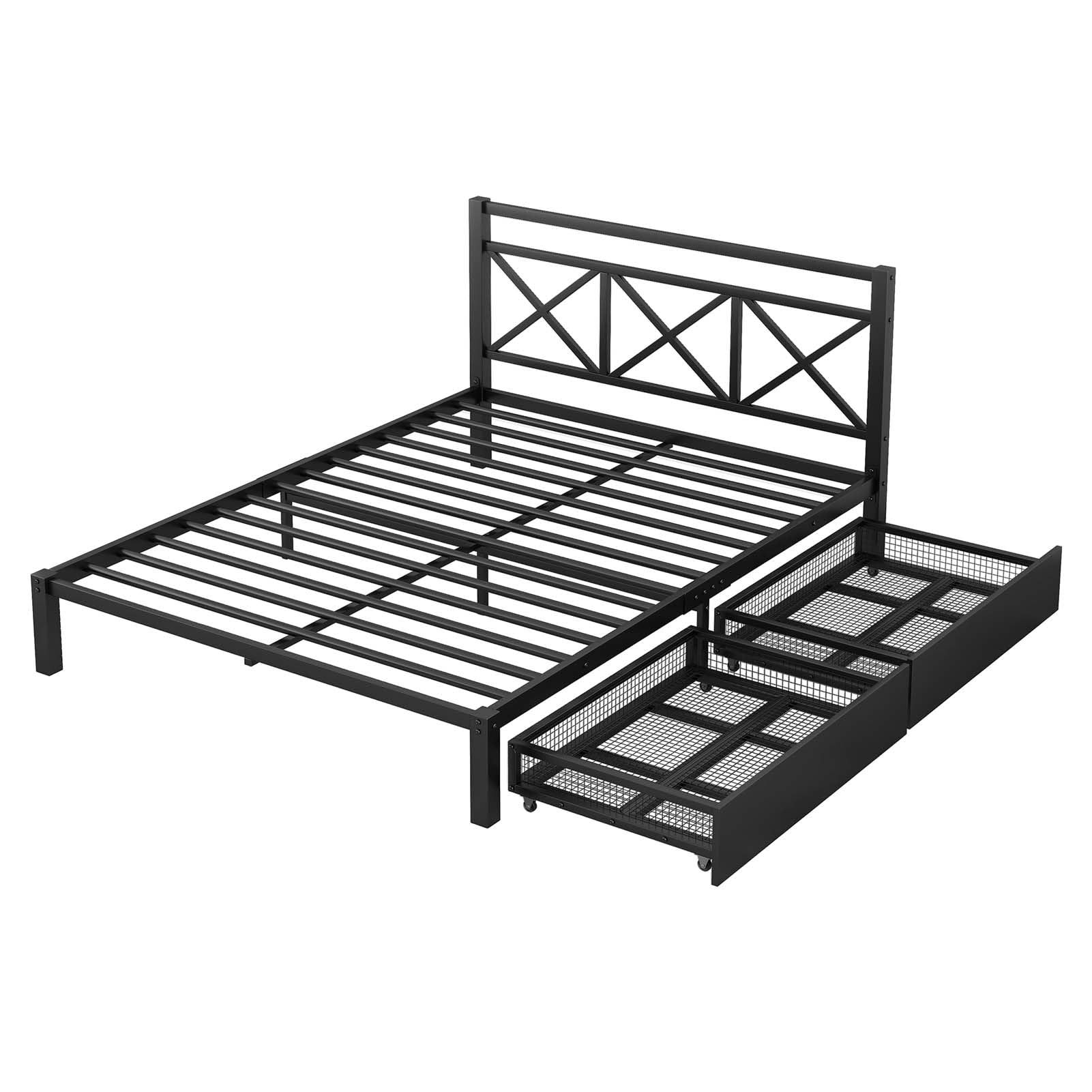 OTRIEK Queen Bed Frame with 2 Storage Drawers, Metal Platform Bed Frame with Headboard, No Box Spring Needed for Teens Adults Bedroom, Noise Free/Easy to Install (Queen)