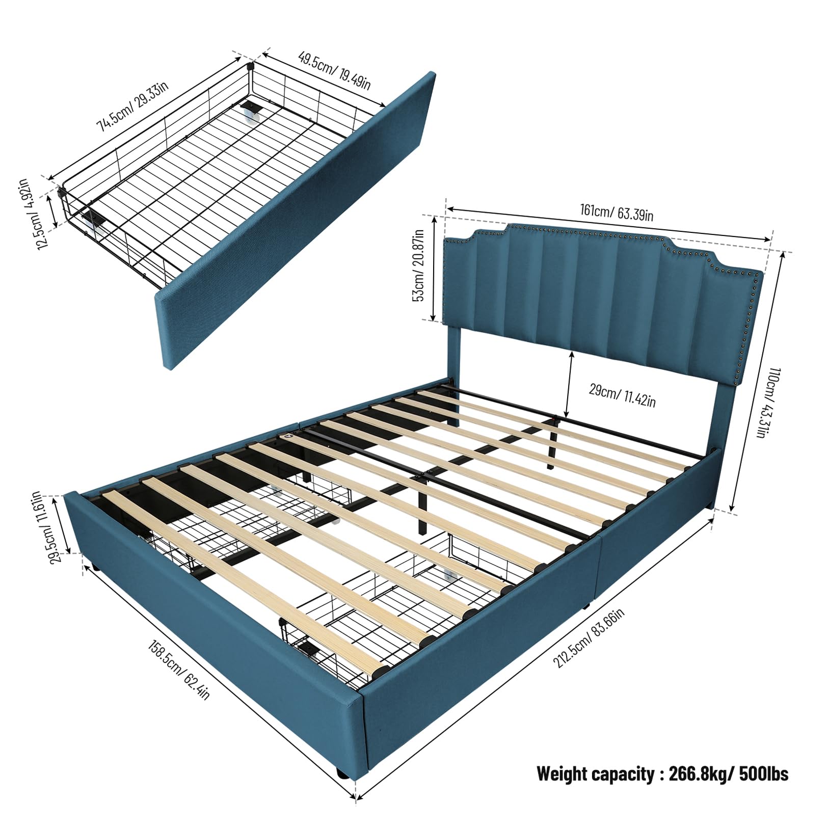 Queen Size Linen Upholstered Platform Bed Frames with Adjustable Headboard, Rivets Design Platform Bed with 2 Storage Drawers, Noise-Free for Bedroom Small Living Space Boys Girls Adults Teems, Blue