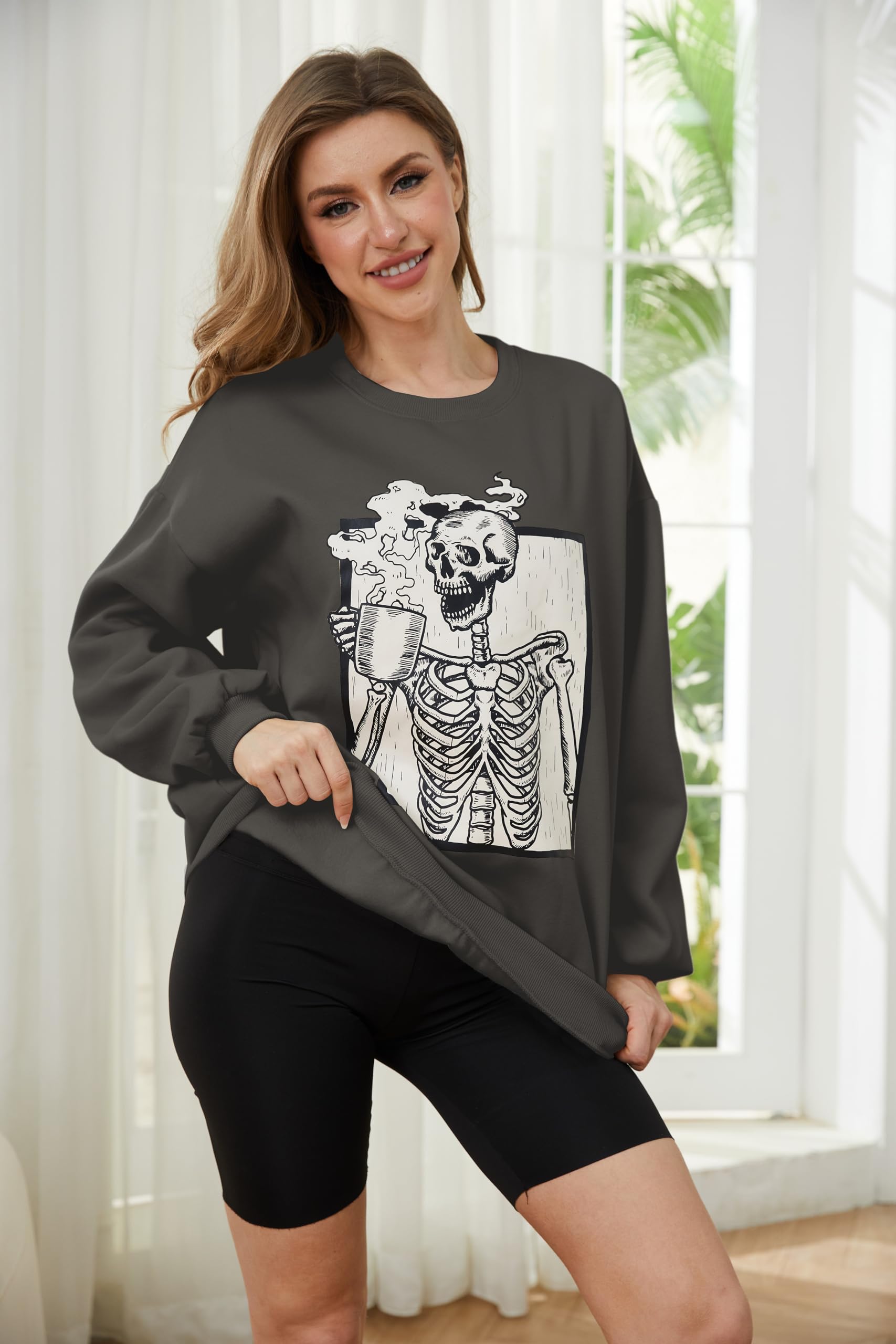 Meladyan womens Halloween Skull Graphic Print Fleece Oversized Sweatshirt Crewneck Long Sleeve Drop Shoulder Pullover, Dark Grey, Medium