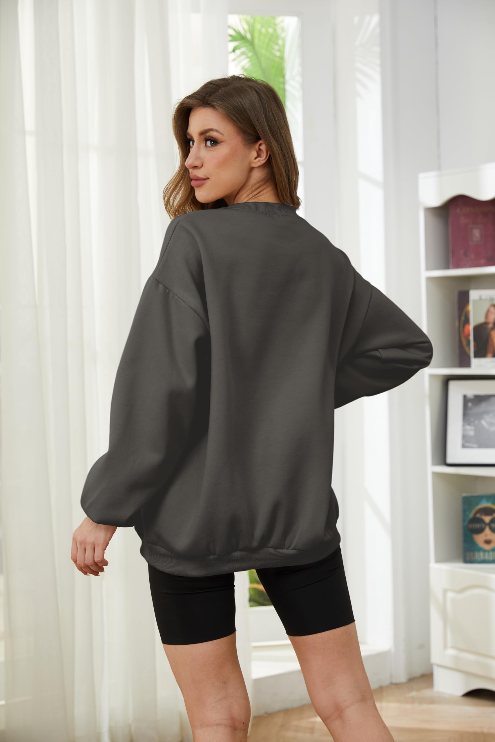 Meladyan womens Halloween Skull Graphic Print Fleece Oversized Sweatshirt Crewneck Long Sleeve Drop Shoulder Pullover, Dark Grey, Medium