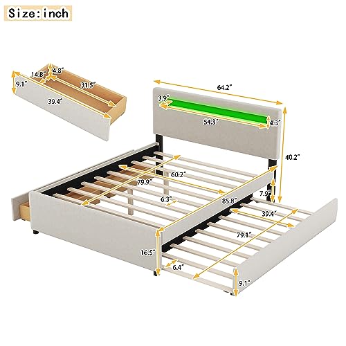 FEELHOME Queen Size Upholstered Platform Bed with 2 Storage Drawers and Twin Trundle, LED Lights and USB Charging, Linen Queen Bed Frame with Headboard and Wood Slat Support,Beige