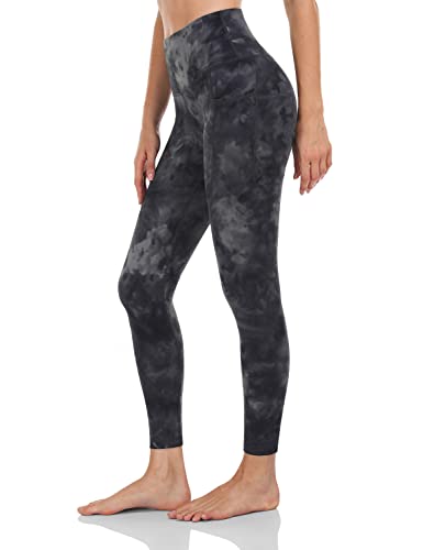HeyNuts Leggings with Pockets for Women, High Waisted 7/8 Leggings Tummy Control Compression Workout Buttery Soft Pants 25'' Diamond Dye Coal Black S(4/6)