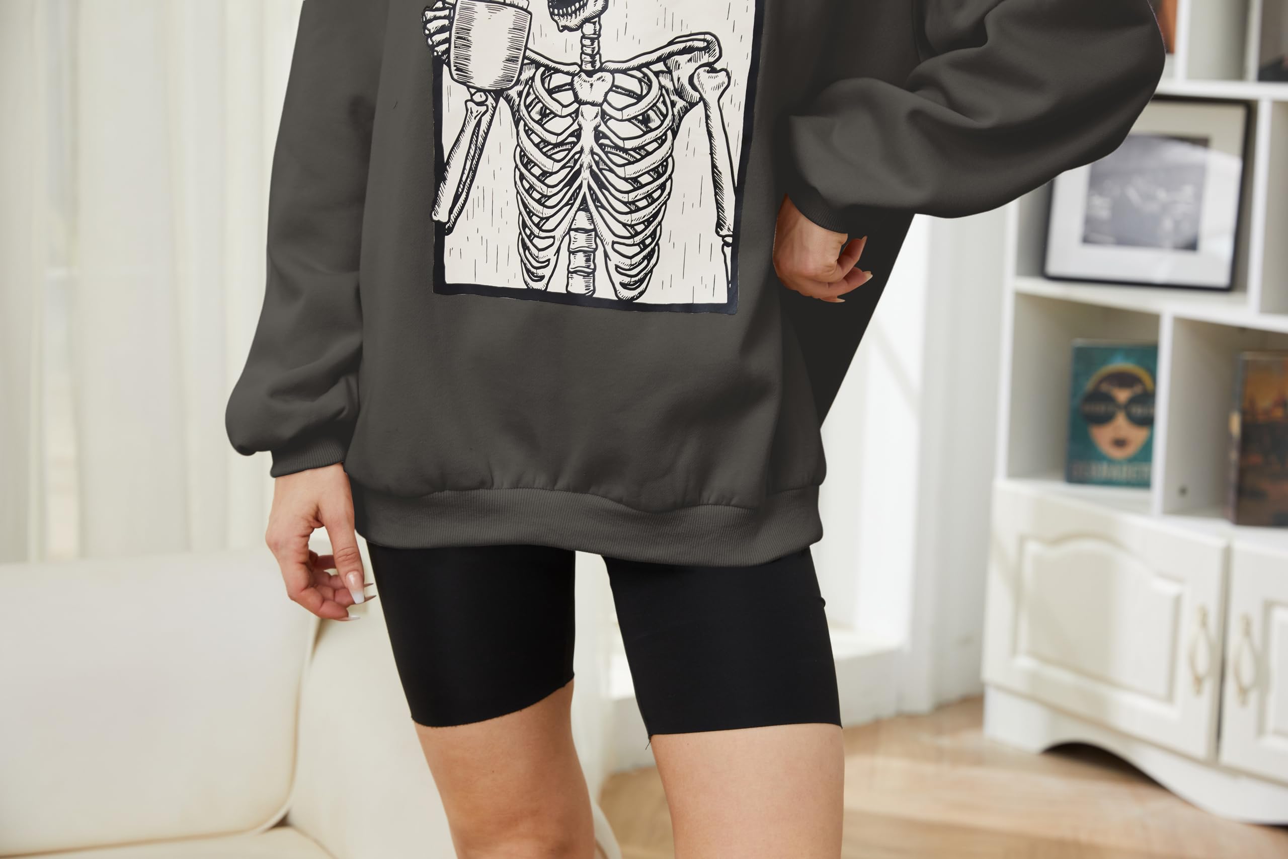 Meladyan womens Halloween Skull Graphic Print Fleece Oversized Sweatshirt Crewneck Long Sleeve Drop Shoulder Pullover, Dark Grey, Medium