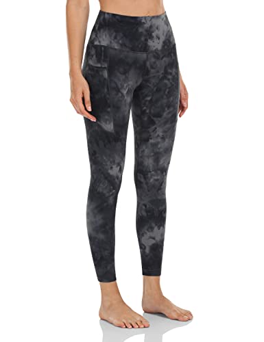 HeyNuts Leggings with Pockets for Women, High Waisted 7/8 Leggings Tummy Control Compression Workout Buttery Soft Pants 25'' Diamond Dye Coal Black S(4/6)