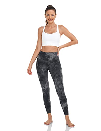 HeyNuts Leggings with Pockets for Women, High Waisted 7/8 Leggings Tummy Control Compression Workout Buttery Soft Pants 25'' Diamond Dye Coal Black S(4/6)