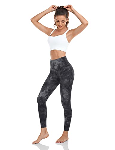 HeyNuts Leggings with Pockets for Women, High Waisted 7/8 Leggings Tummy Control Compression Workout Buttery Soft Pants 25'' Diamond Dye Coal Black S(4/6)