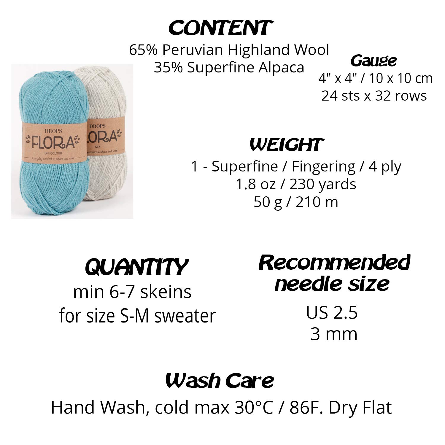 65% Wool 35% Alpaca Yarn, Drops Flora, 1 or Superfine, Fingering Weight, 4 ply, 1.8 oz 230 Yards per Ball (05 Dark Grey)