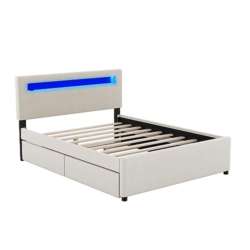 FEELHOME Queen Size Upholstered Platform Bed with 2 Storage Drawers and Twin Trundle, LED Lights and USB Charging, Linen Queen Bed Frame with Headboard and Wood Slat Support,Beige