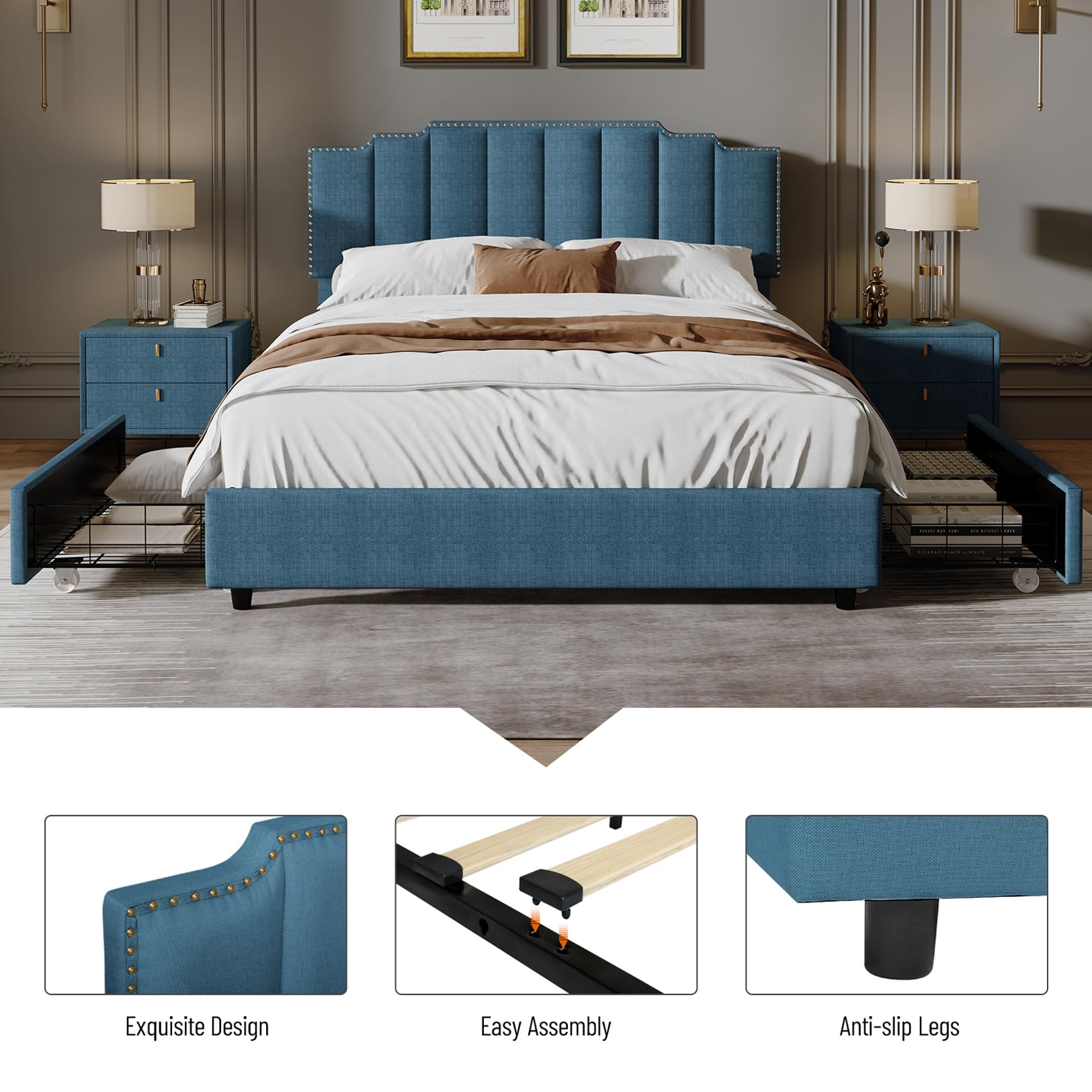 Queen Size Linen Upholstered Platform Bed Frames with Adjustable Headboard, Rivets Design Platform Bed with 2 Storage Drawers, Noise-Free for Bedroom Small Living Space Boys Girls Adults Teems, Blue