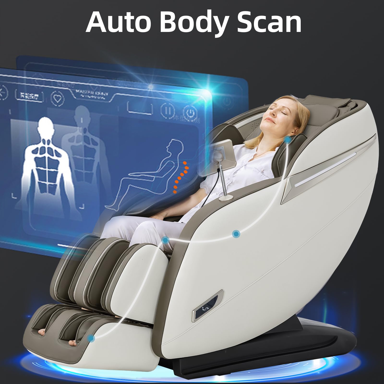 MassaMAX Full Body Massage Chair, Zero Gravity Recliner with Yoga Stretch, SL Track, Airbags, Heating, Touch Screen, and Foot Massage (MD906-Beige)