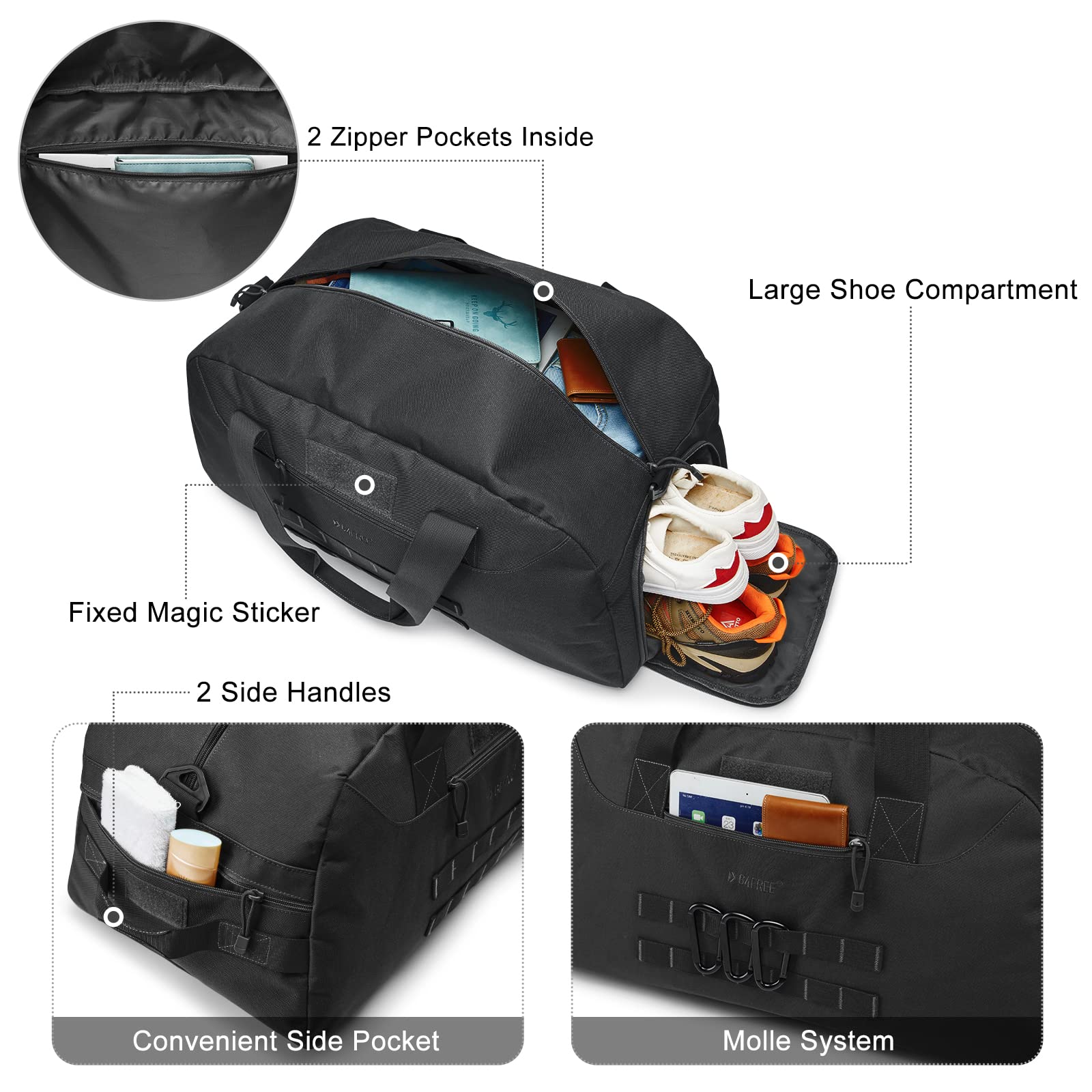 G4Free 70L Large Tactical Duffle Bag Men Sports Gym Backpack with Shoes Compartment Military MOLLE Duffel Backpack ( Black)