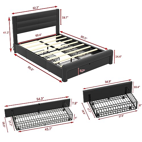 Upholstered Queen Size Platform Bed Frame with 3 Storage Drawers and Headboard, PU Leather Queen Storage Bed with USB Charging Station and Wooden Slats Support, Noise Free, Black