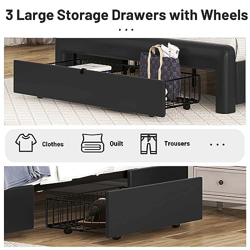 Upholstered Queen Size Platform Bed Frame with 3 Storage Drawers and Headboard, PU Leather Queen Storage Bed with USB Charging Station and Wooden Slats Support, Noise Free, Black