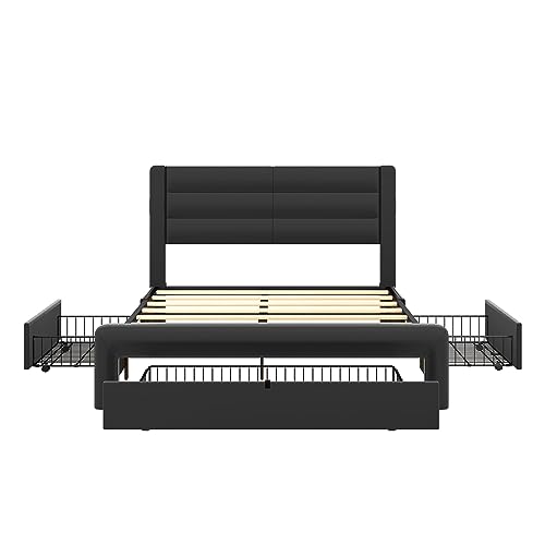 Upholstered Queen Size Platform Bed Frame with 3 Storage Drawers and Headboard, PU Leather Queen Storage Bed with USB Charging Station and Wooden Slats Support, Noise Free, Black