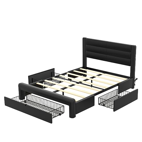 Upholstered Queen Size Platform Bed Frame with 3 Storage Drawers and Headboard, PU Leather Queen Storage Bed with USB Charging Station and Wooden Slats Support, Noise Free, Black
