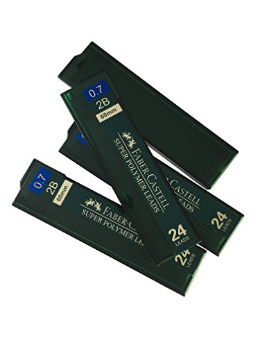 Faber-Castell 0.7mm 2B Super Polymer Premium Strong Dark Smooth Leads Mechanical Pencil Lead Refills For All 0.7 mm Mechanical Pencils (4 Tubes, 24 Leads Per Tube - Total 96 leads)