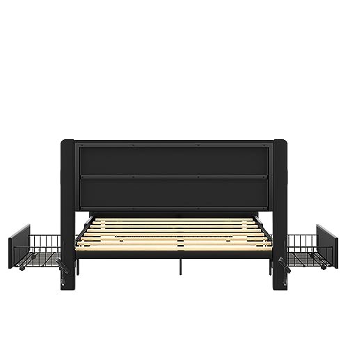 Upholstered Queen Size Platform Bed Frame with 3 Storage Drawers and Headboard, PU Leather Queen Storage Bed with USB Charging Station and Wooden Slats Support, Noise Free, Black