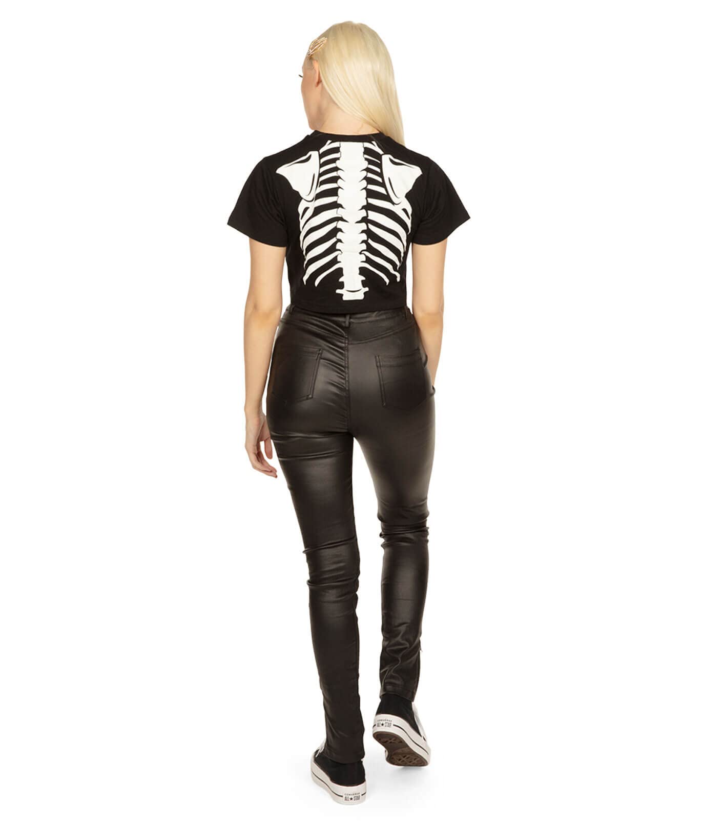 Tipsy Elves Halloween Women’s Skeleton Costume Shirt - Cute and Spooky Adult Womens Skeleton Shirts - Front Printed Ribcage and Bones Black Crop Top Size Medium