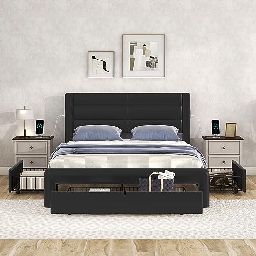 Upholstered Queen Size Platform Bed Frame with 3 Storage Drawers and Headboard, PU Leather Queen Storage Bed with USB Charging Station and Wooden Slats Support, Noise Free, Black