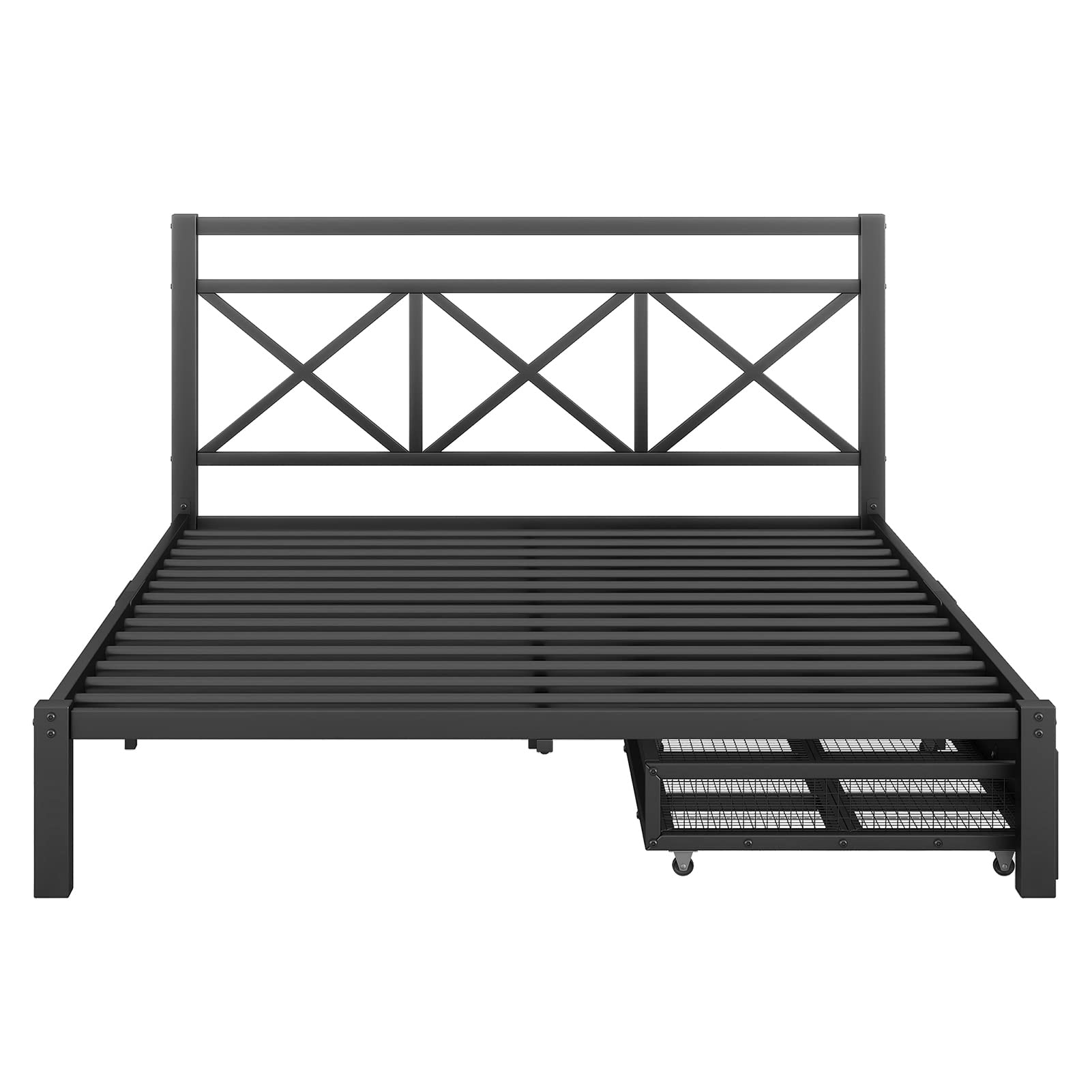 Queen Size Platform Bed Frame, Metal Bed Frame with 2 Storage Drawers Queen Bed Frame with Headboard More Sturdy, Noise-Free, No Box Spring Needed, Easy Assembly, Black