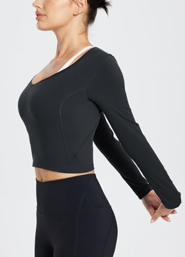 BALEAF Nuleaf Scoop Neck Long Sleeve Crop Top for Women Slim Fit Workout Shirts Tight Base Layer Athletic Gym Casual Black M