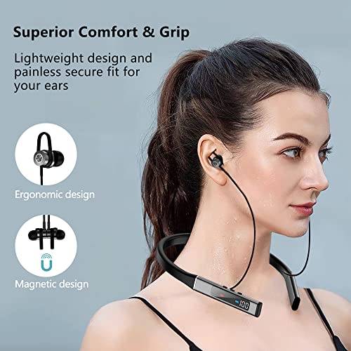 Neck-Mounted Earphones Wireless Sports Bluetooth Earbuds bass Boost in-Ear Noise Isolation,Magnetic Neckband earhooks Bluetooth Headphones with mic,80 Hours Playback,LED,USB-C (Blue)