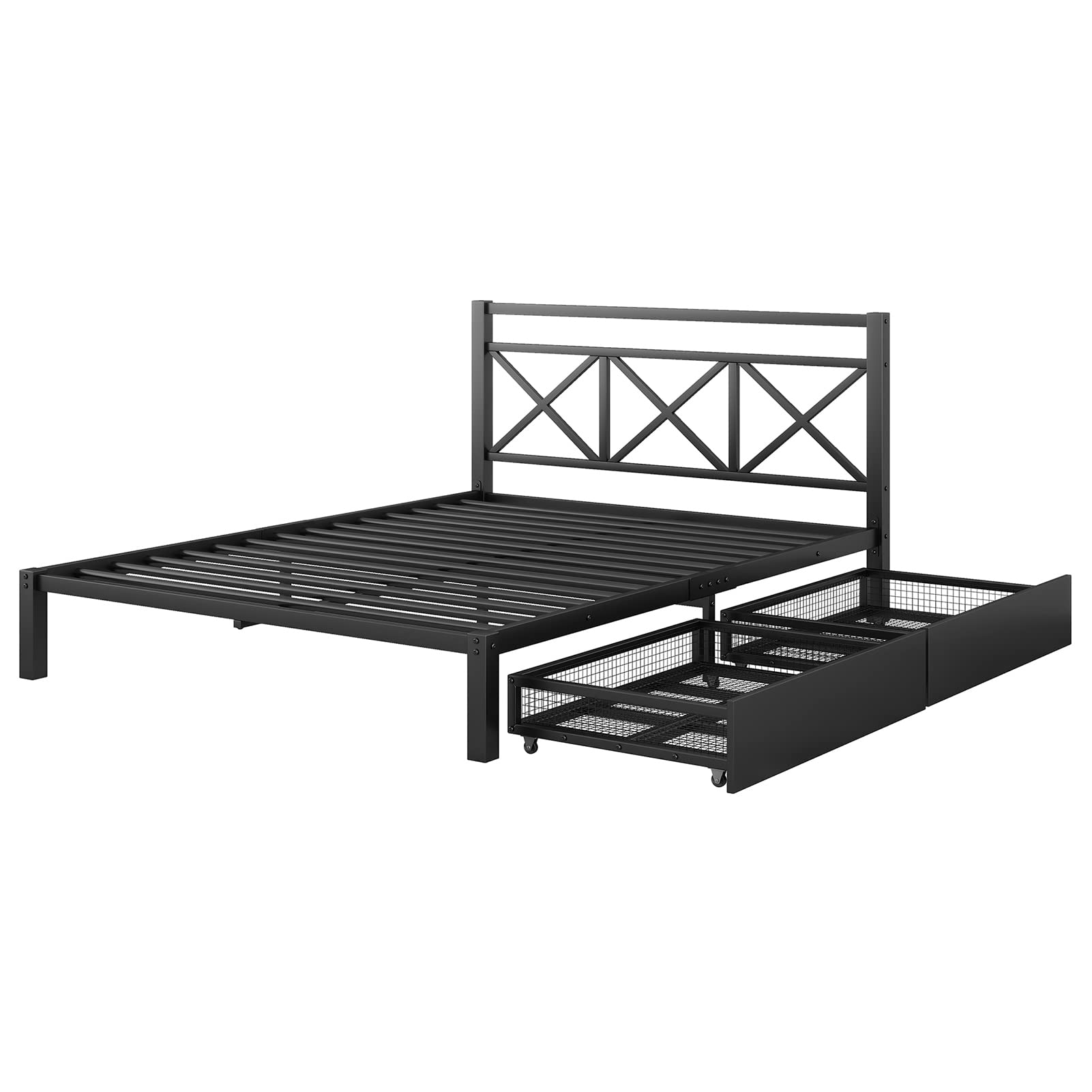Queen Size Platform Bed Frame, Metal Bed Frame with 2 Storage Drawers Queen Bed Frame with Headboard More Sturdy, Noise-Free, No Box Spring Needed, Easy Assembly, Black