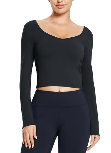 BALEAF Nuleaf Scoop Neck Long Sleeve Crop Top for Women Slim Fit Workout Shirts Tight Base Layer Athletic Gym Casual Black M
