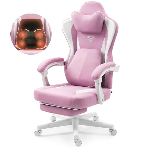 Vigosit Gaming Chair with Heated Massage Lumbar Support, Breathable Fabric Office Chair with Pocket Spring Cushion and Footrest, Recliner High Back PC Chair for Adult Pink