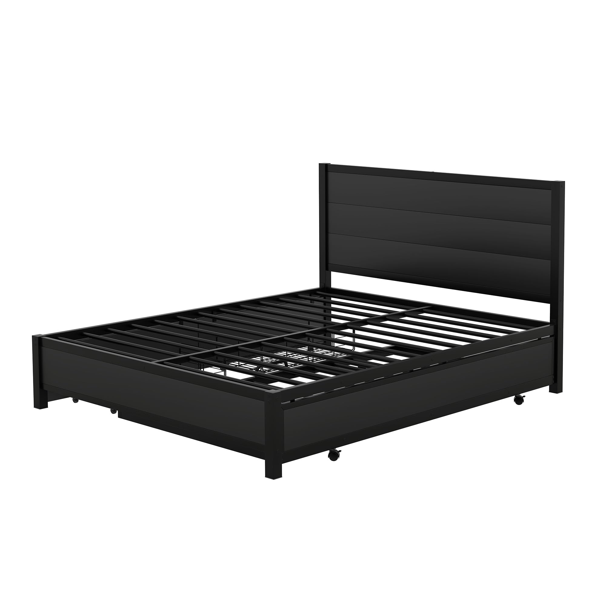 Lifeand Queen Size Storage Platform Bed with Twin Size Trundle and 2 Drawers, Black