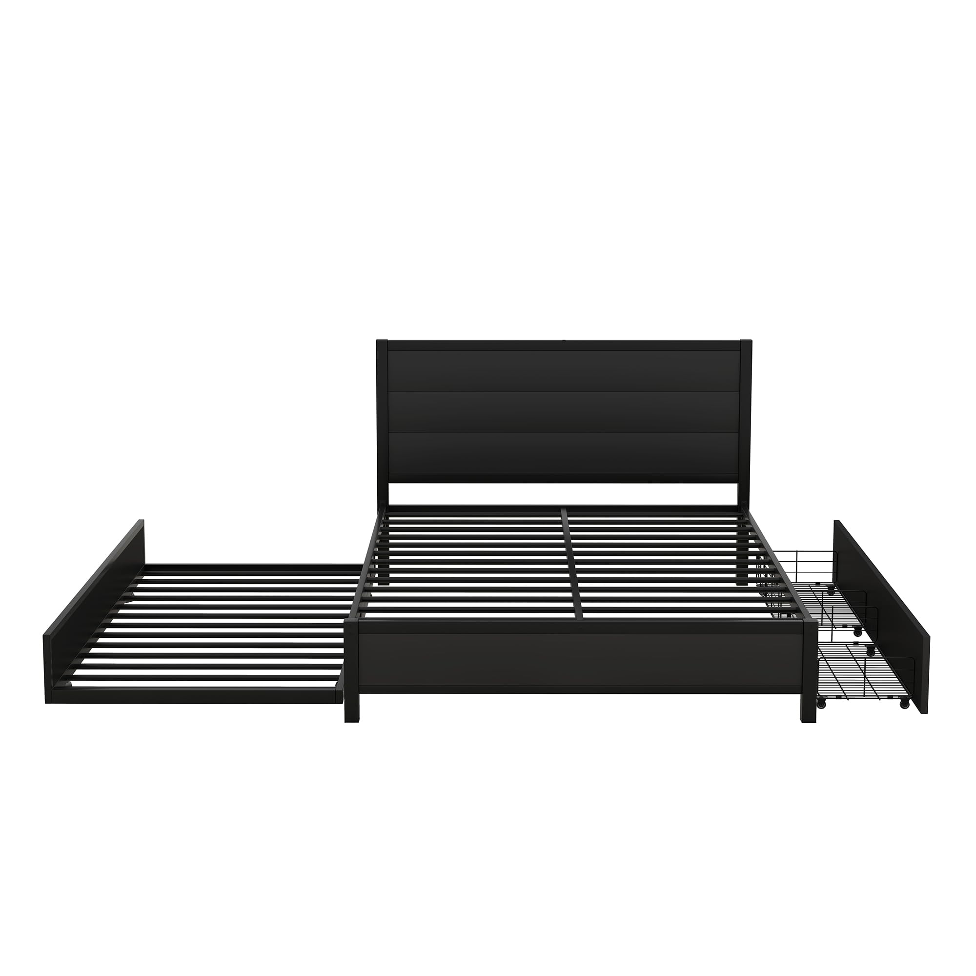 Lifeand Queen Size Storage Platform Bed with Twin Size Trundle and 2 Drawers, Black