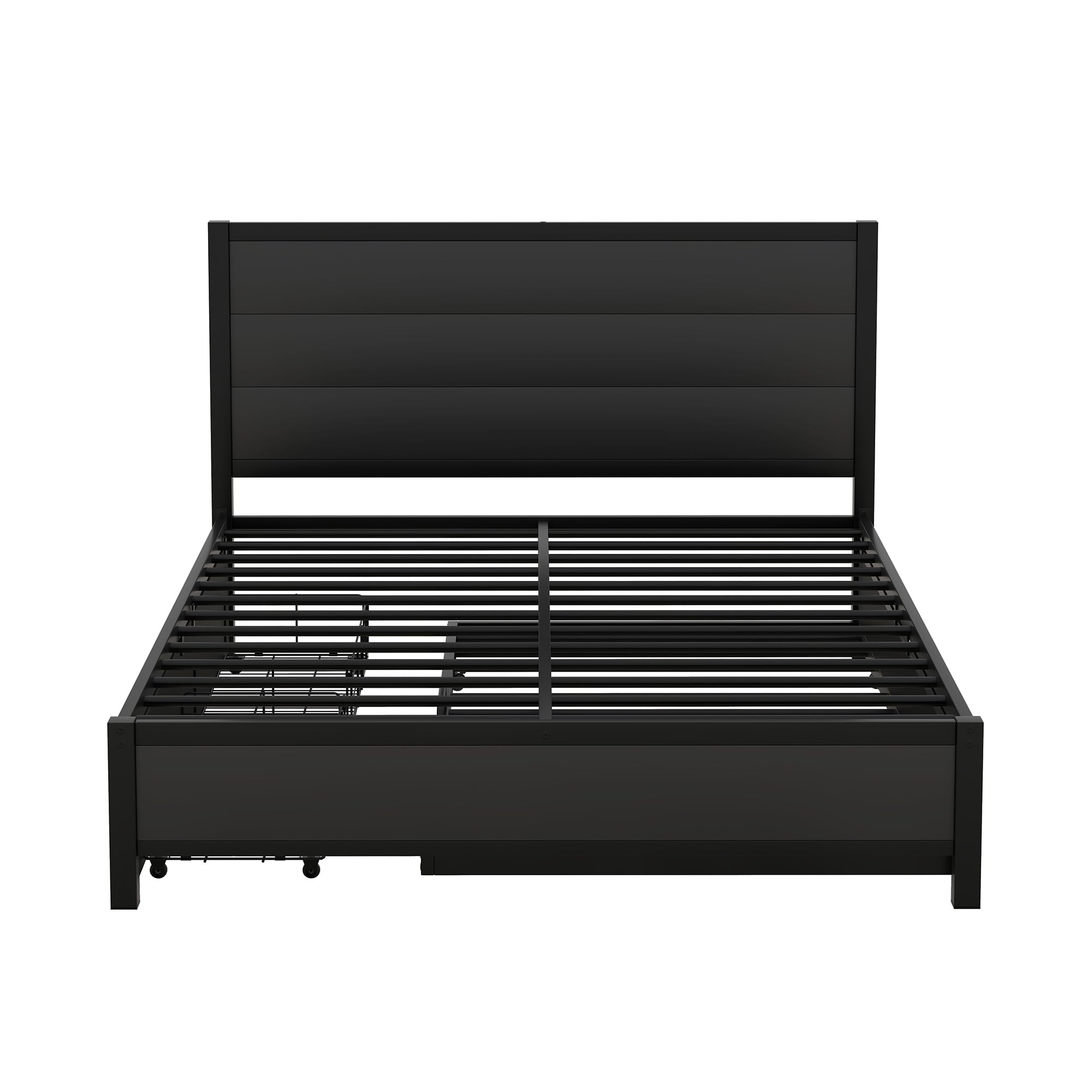 Lifeand Queen Size Storage Platform Bed with Twin Size Trundle and 2 Drawers, Black