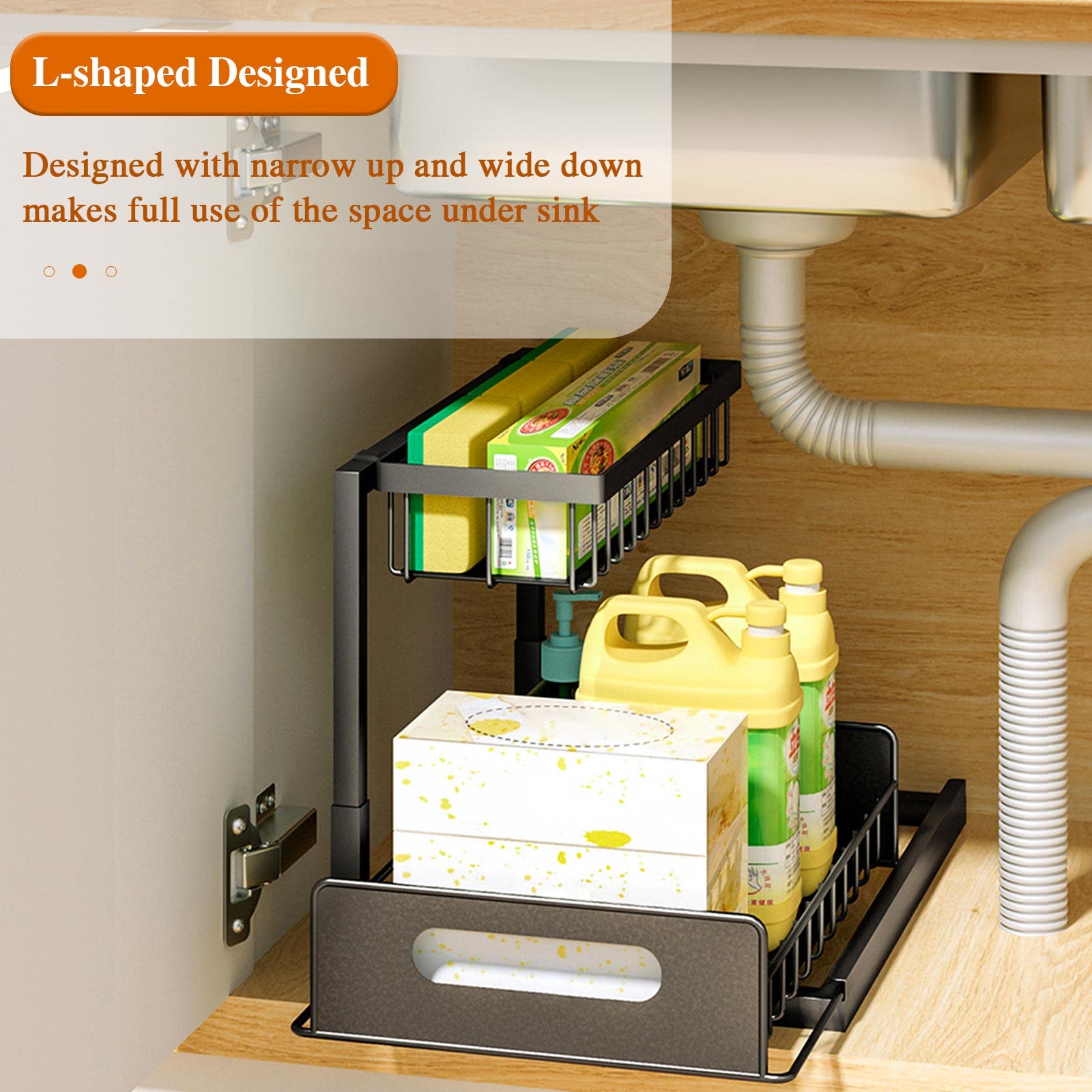 Under Sink Organizers and Storage Pull Out Cabinet Organizer and Storage Metal 2 Tier Under Sink Drawer Organizer Bottom Drawer Slide Out Under Sink Storage Shelf For Kitchen Bathroom, Black