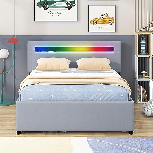 Merax Queen-Size Upholstered Storage Platform Bed with Twin Size Trundle, 2 Drawers, LED and USB Charging, Gray Wood Bed Frame
