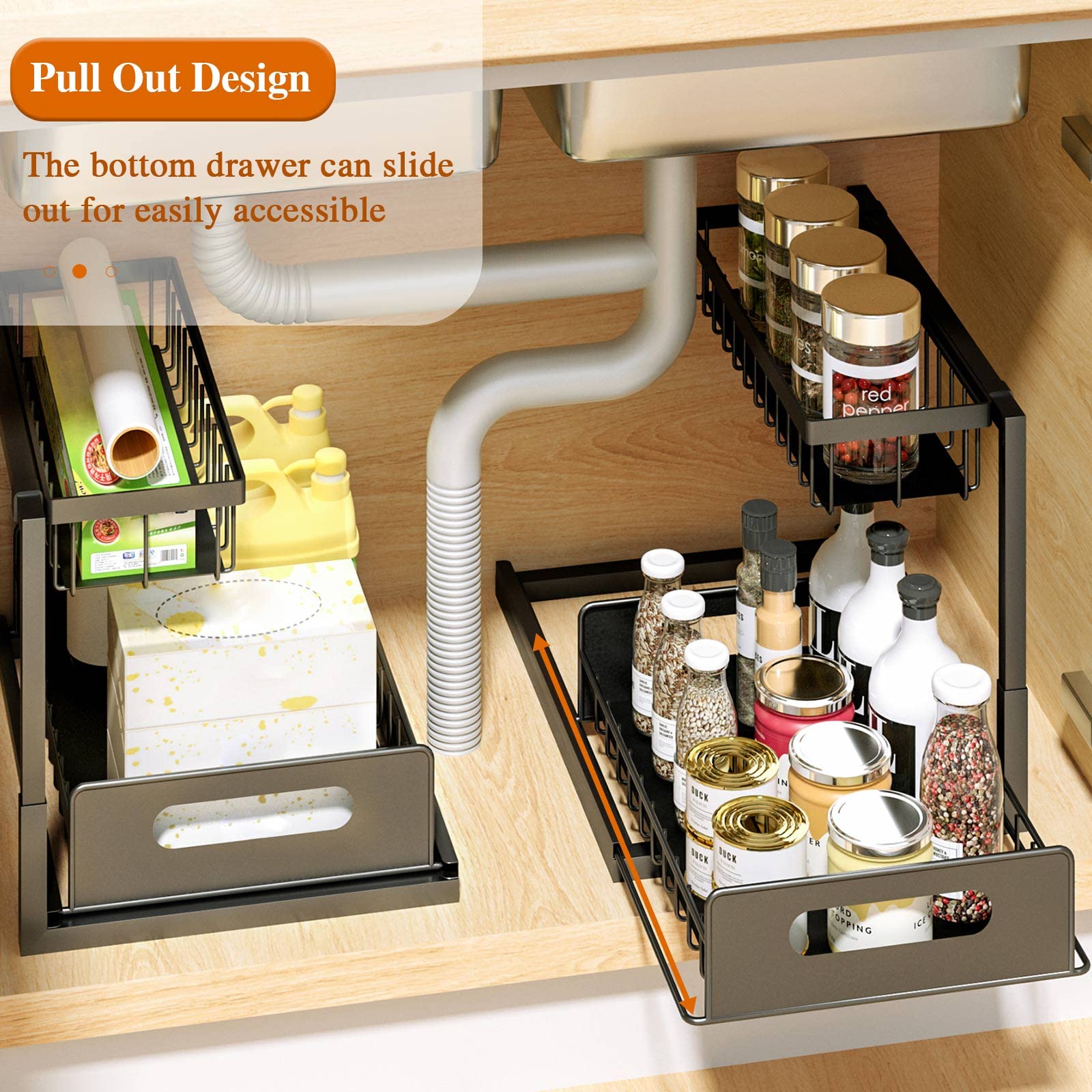 Under Sink Organizers and Storage Pull Out Cabinet Organizer and Storage Metal 2 Tier Under Sink Drawer Organizer Bottom Drawer Slide Out Under Sink Storage Shelf For Kitchen Bathroom, Black