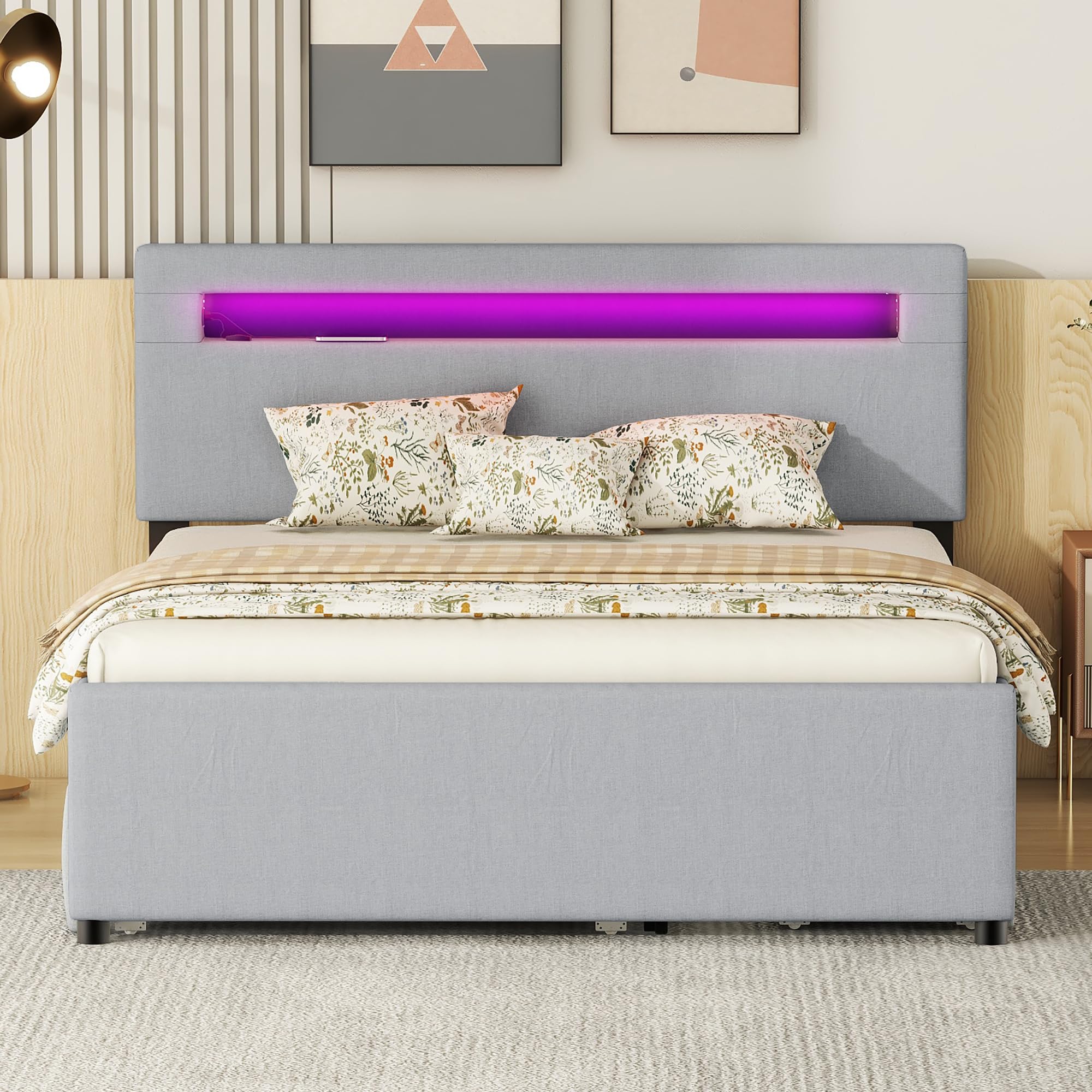 HAWWHOME Queen Size Upholstered Platform Bed with 2 Storage Drawers and Twin Trundle, LED Lights and USB Charging, Linen Queen Bed Frame with Headboard and Wood Slat Support, Gray